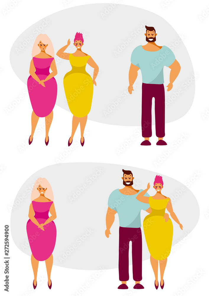 Love, date and relationship of a man and two women. Cartoon characters ...
