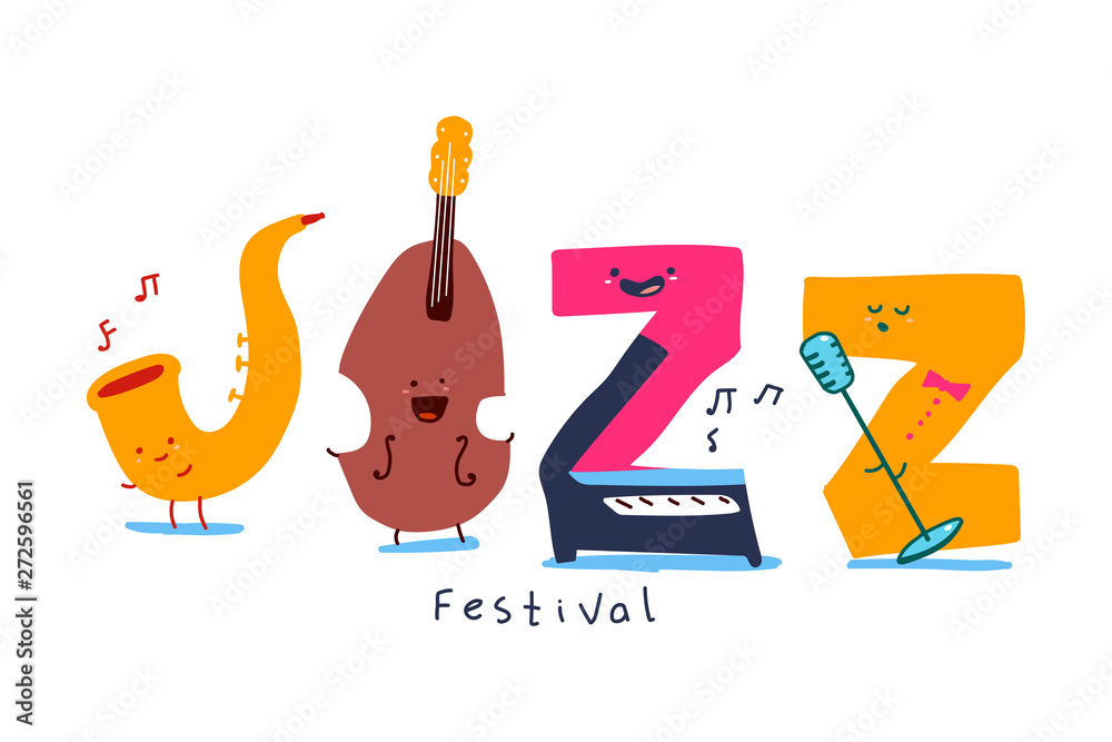 Jazz festival vector cartoon letter characters with different emotions ...