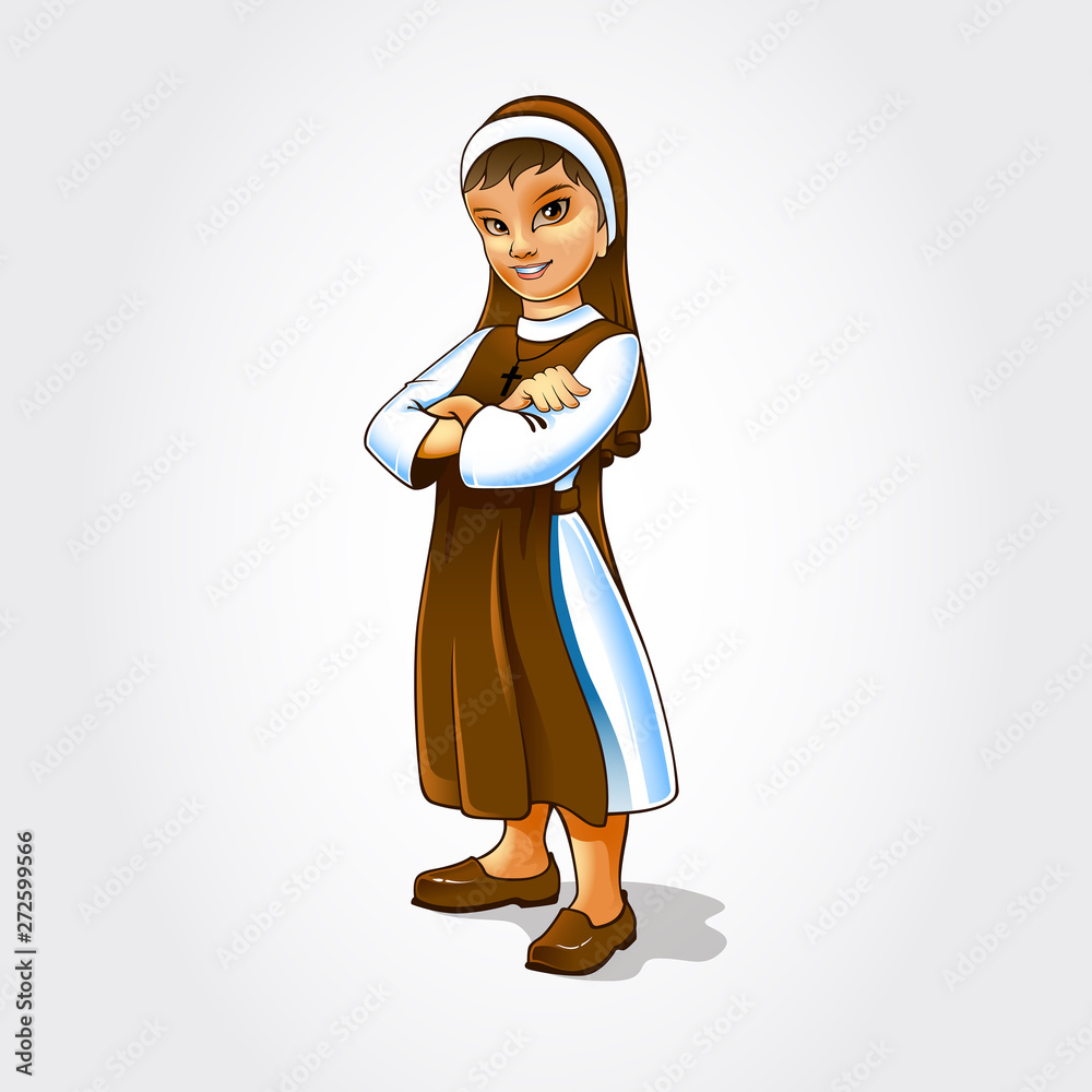 Nun Cartoon Character Smiling Catholic Sister Vector Illustration On White Background Stock