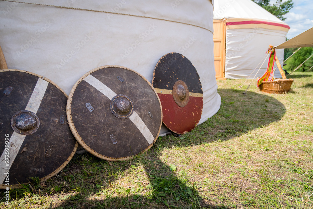 Medieval wooden and metal shields for close combat used in wars Stock ...