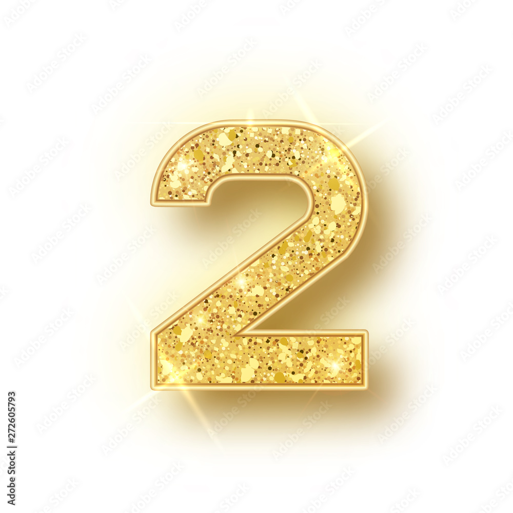 Gold glitter alphabet numbers 2 with shadow. Vector realistick shining ...