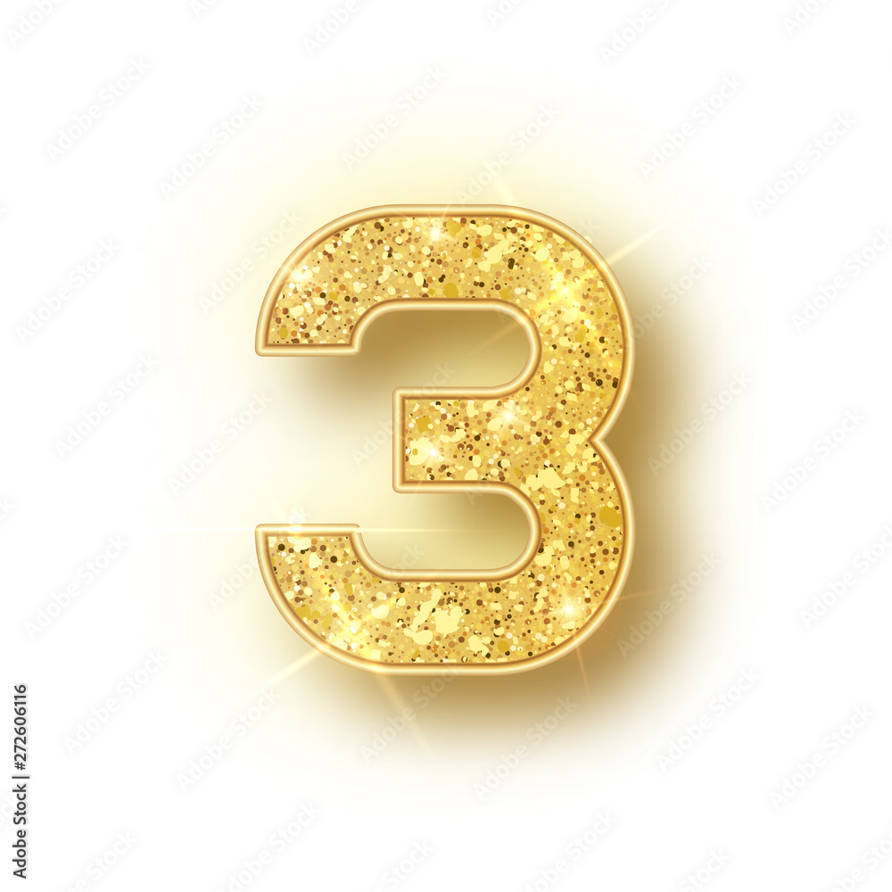 Gold glitter alphabet numbers 3 with shadow. Vector realistick shining ...