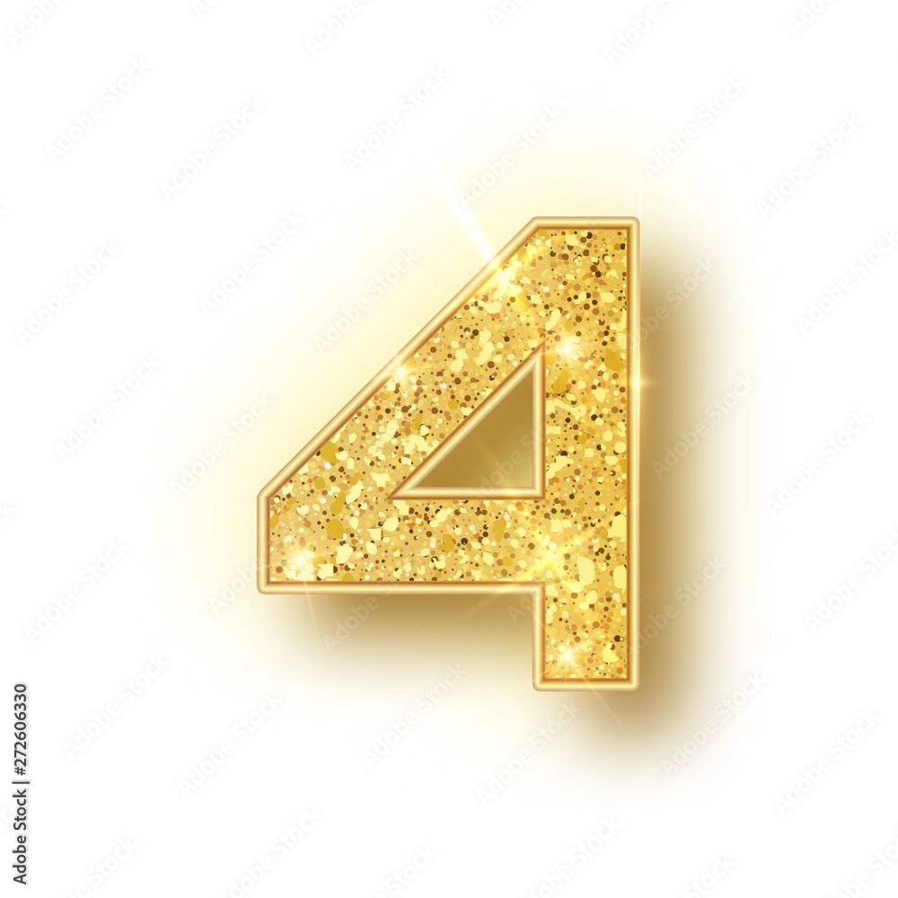 Gold glitter alphabet numbers 4 with shadow. Vector realistick shining ...