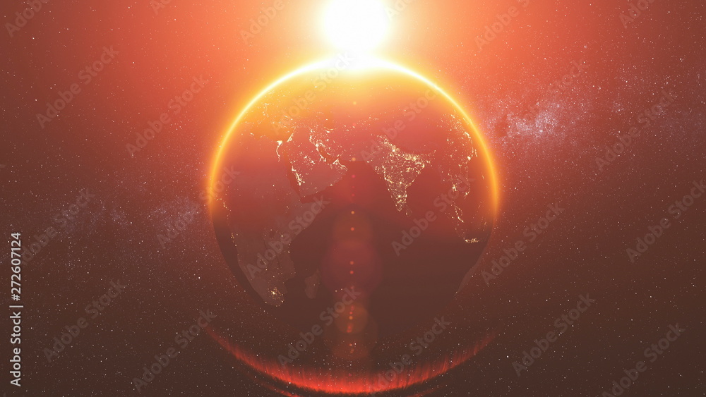 Earth Orbit Rotation Reverse Bright Red Sun Beam. Celestial Globe World ...