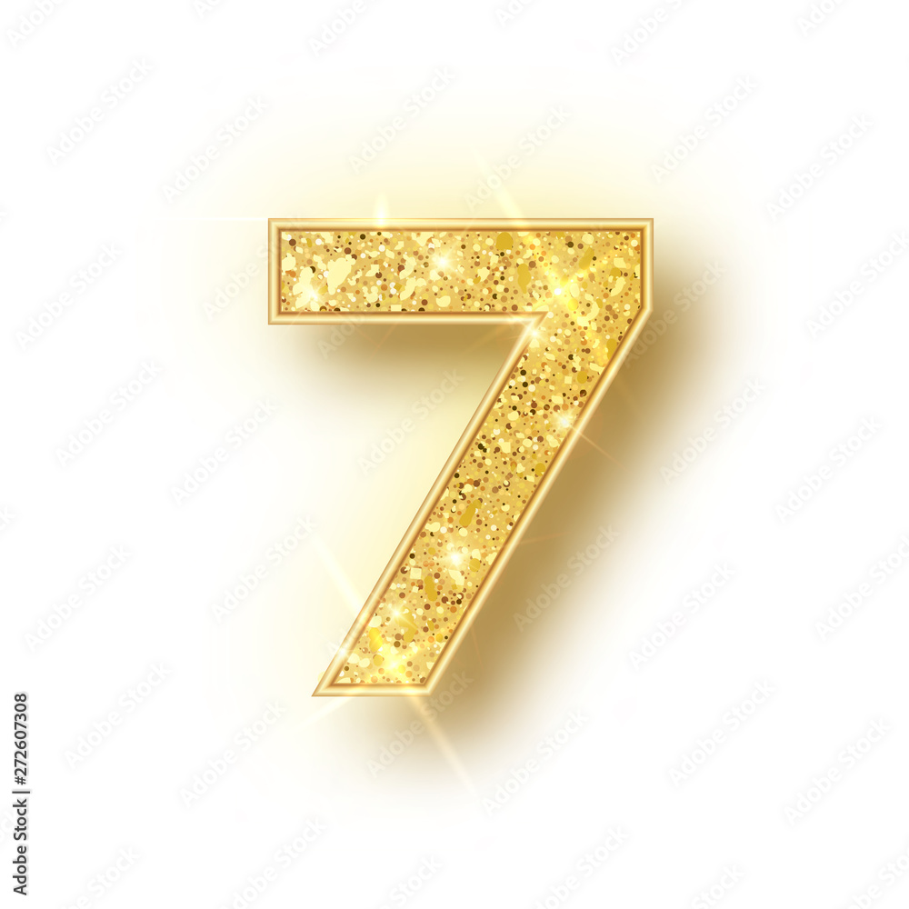 Gold glitter alphabet numbers 7 with shadow. Vector realistick shining ...