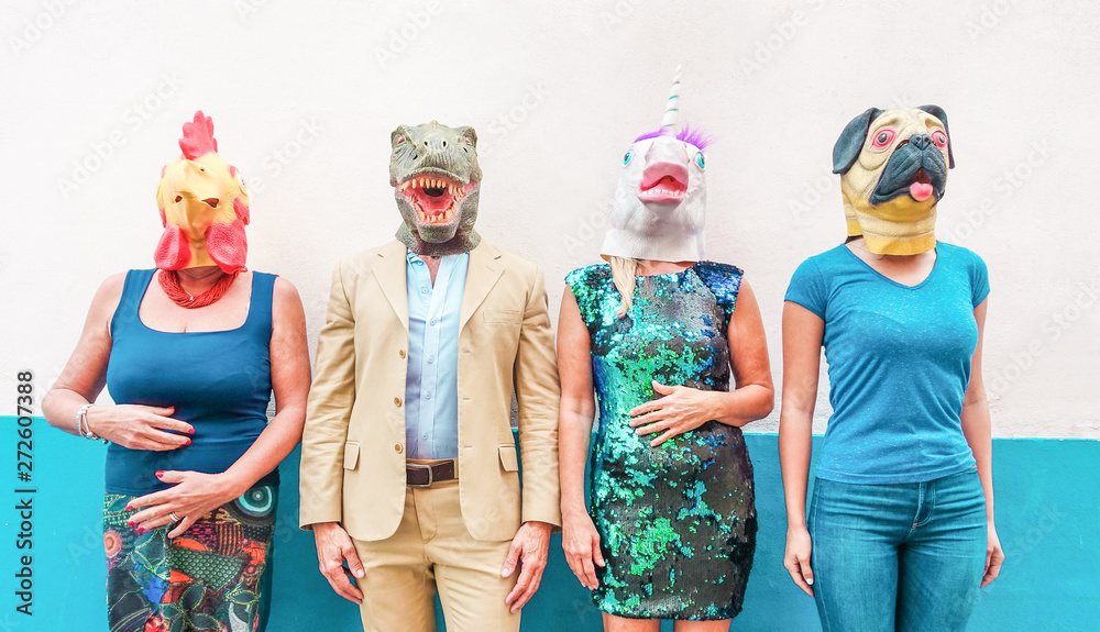 Crazy people wearing chicken, unicorn, dog and t-rex party mask ...