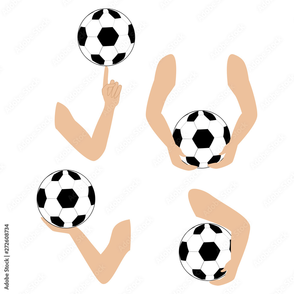 Set of 4 hand and arm gestures holding football. Cartoon vector flat ...