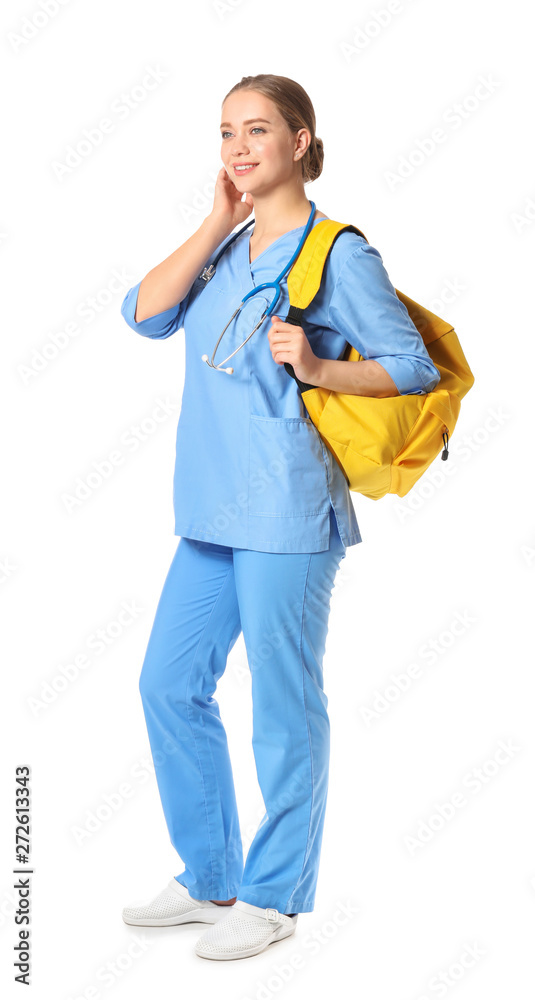 Young medical assistant with backpack on white background Stock Photo ...