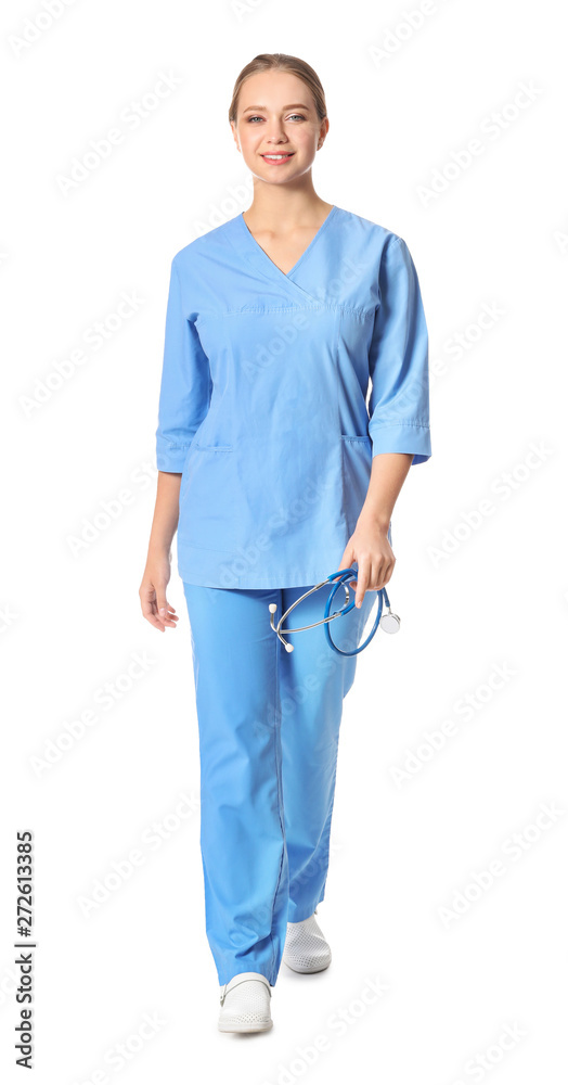 Young medical assistant on white background Stock Photo | Adobe Stock