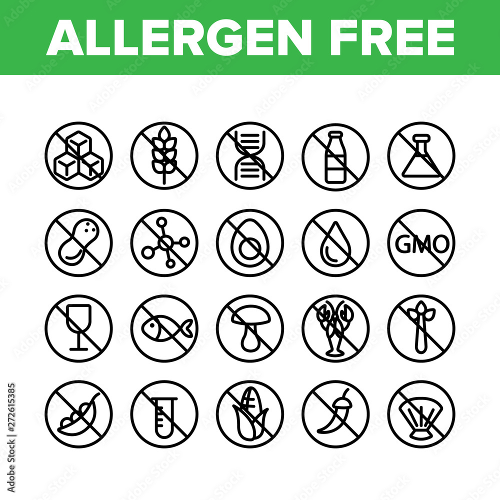 Allergen Free Food Vector Linear Icons Set. No Allergen Labelling, Eco ...