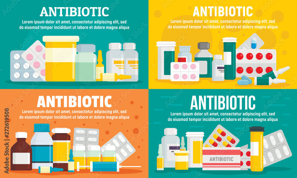 Antibiotic banner set. Flat illustration of antibiotic vector banner ...