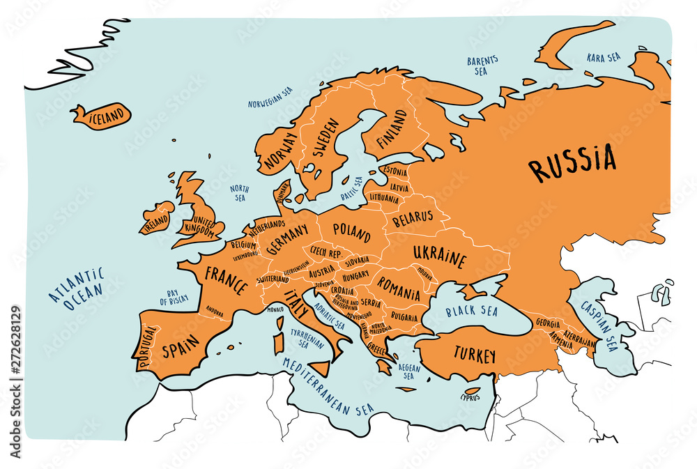 Colorful hand drawn political map of Europe. Stock Vector | Adobe Stock