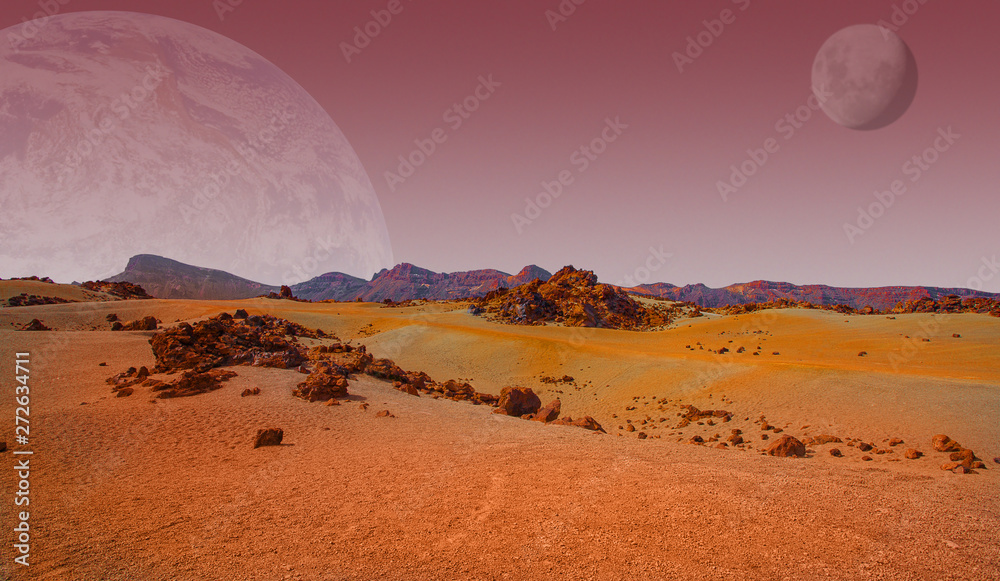 Red planet with arid landscape, rocky hills and mountains, and a giant ...