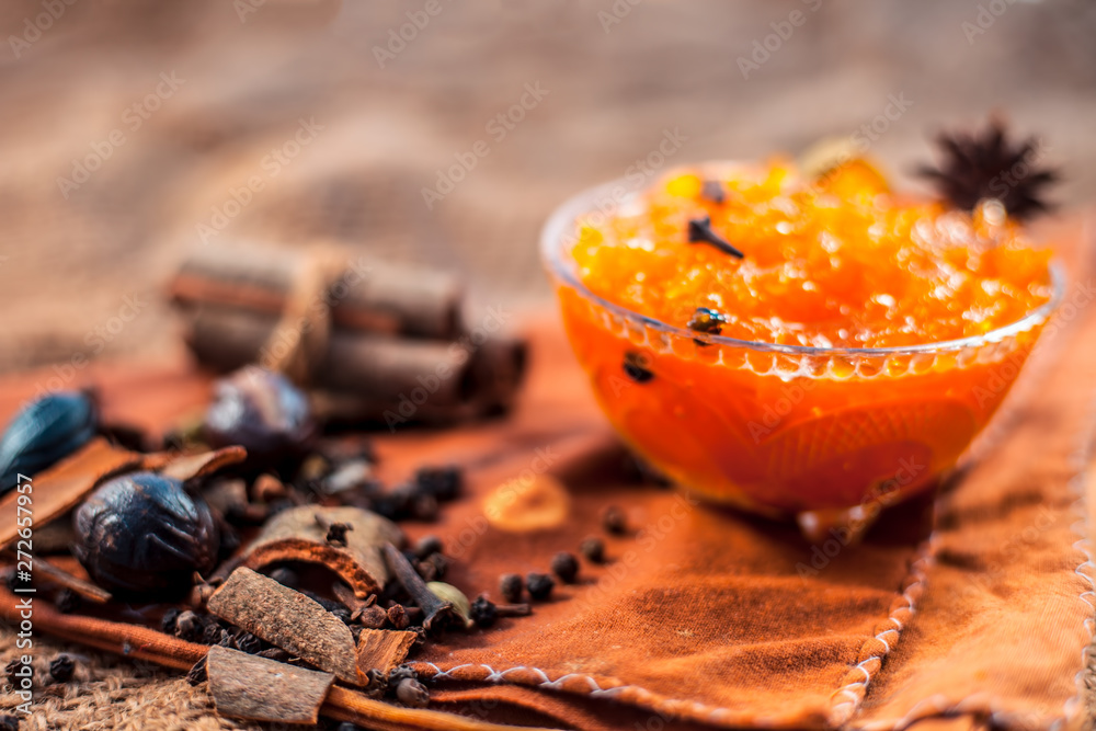 Famous Indian dessert and sweet dish in a glass bowl on jute bag's ...