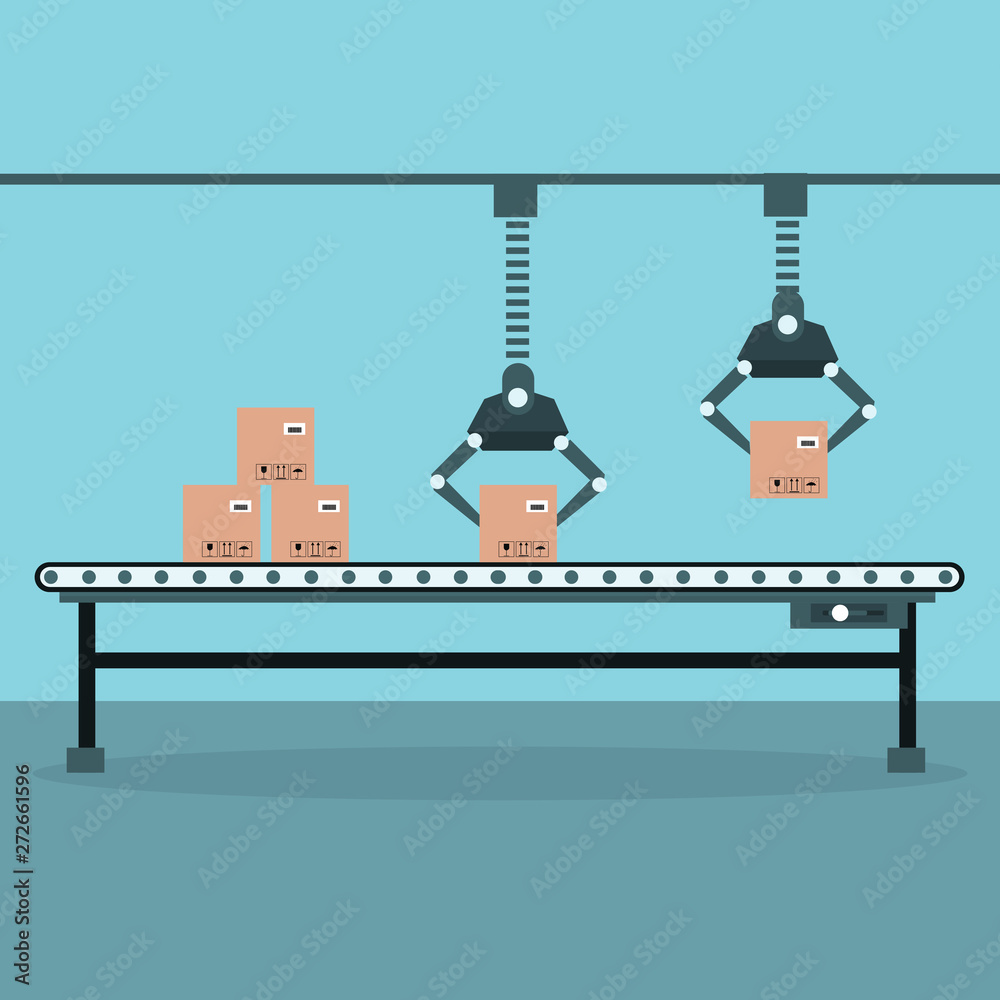 Poster Industrial conveyor belt with automated robotic arms – Wall Art ...