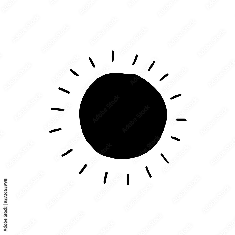 Cute cartoon hand drawn sun icon. Funny vector black and white sun icon ...