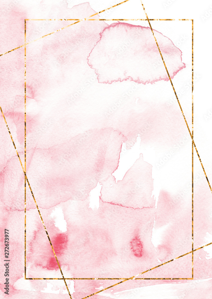 Blush pink watercolor Card template with golden frame Abstract paint ...