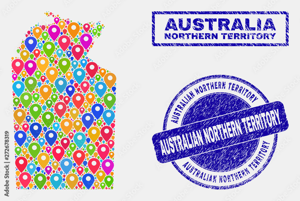 Vector bright mosaic Australian Northern Territory map and grunge stamp ...
