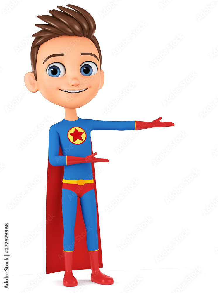 Cartoon character boy dressed as a hero is showing hands on an empty ...