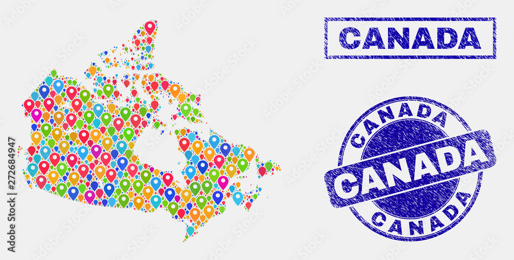 Vector bright mosaic Canada map and grunge watermarks. Abstract Canada ...