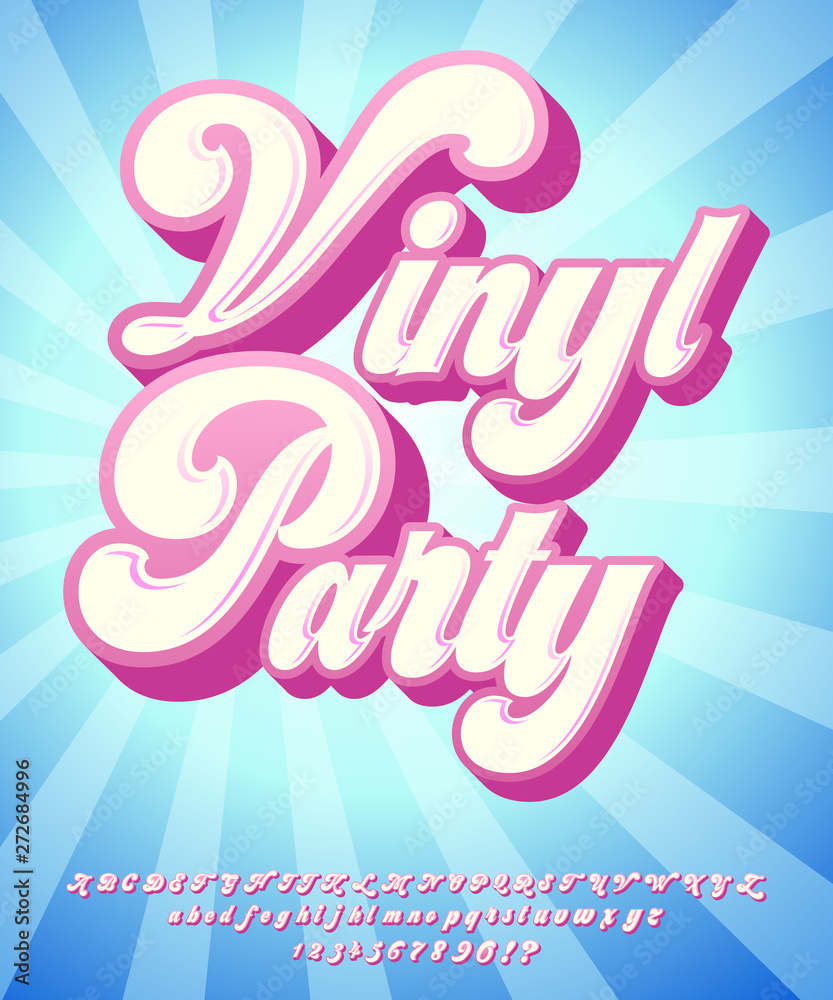 Vinyl Party. 3D vintage script font. Retro typeface. Vector font ...
