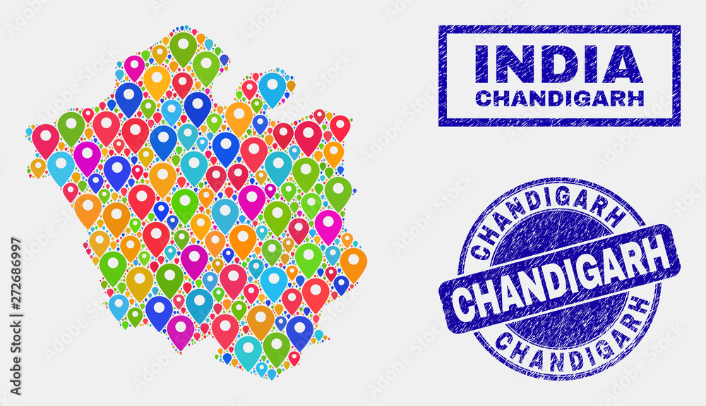 Vector colorful mosaic Chandigarh City map and grunge stamps. Flat ...