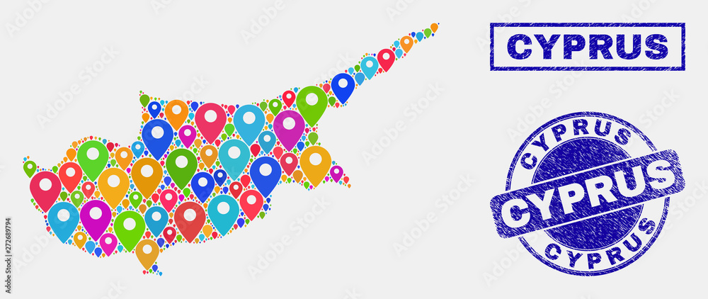 Vector bright mosaic Cyprus map and grunge seals. Abstract Cyprus map ...