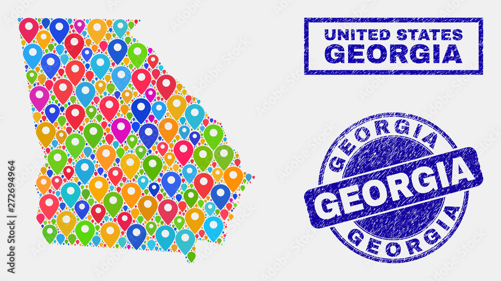 Vector bright mosaic Georgia State map and grunge stamp seals. Flat ...