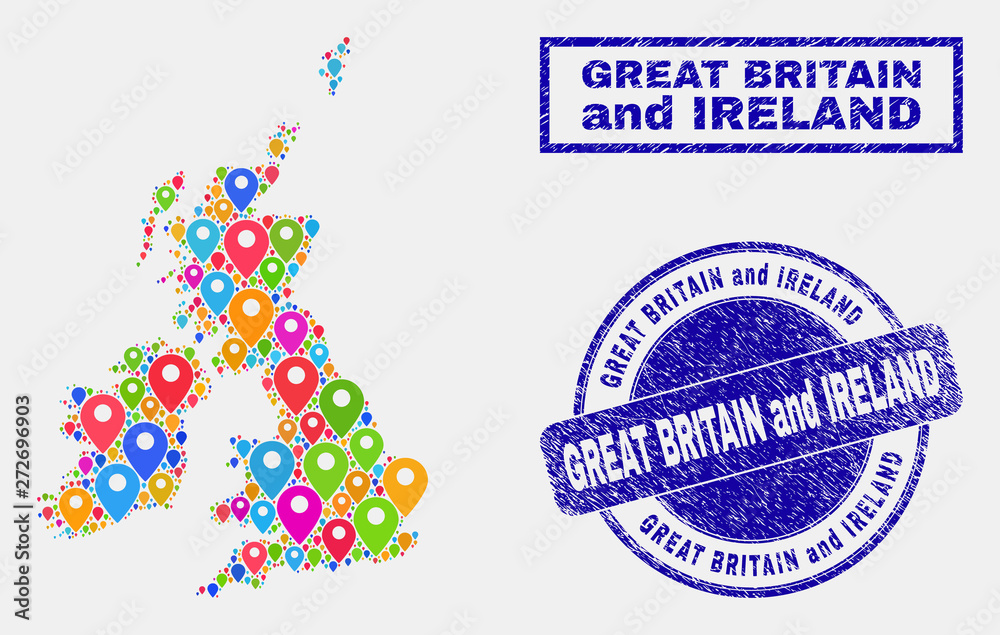 Vector bright mosaic Great Britain and Ireland map and grunge ...