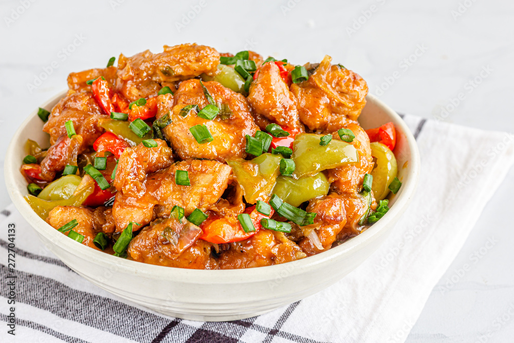 Sweet and Sour Chicken in a Bowl with Rice Close Up Photo. Popular ...