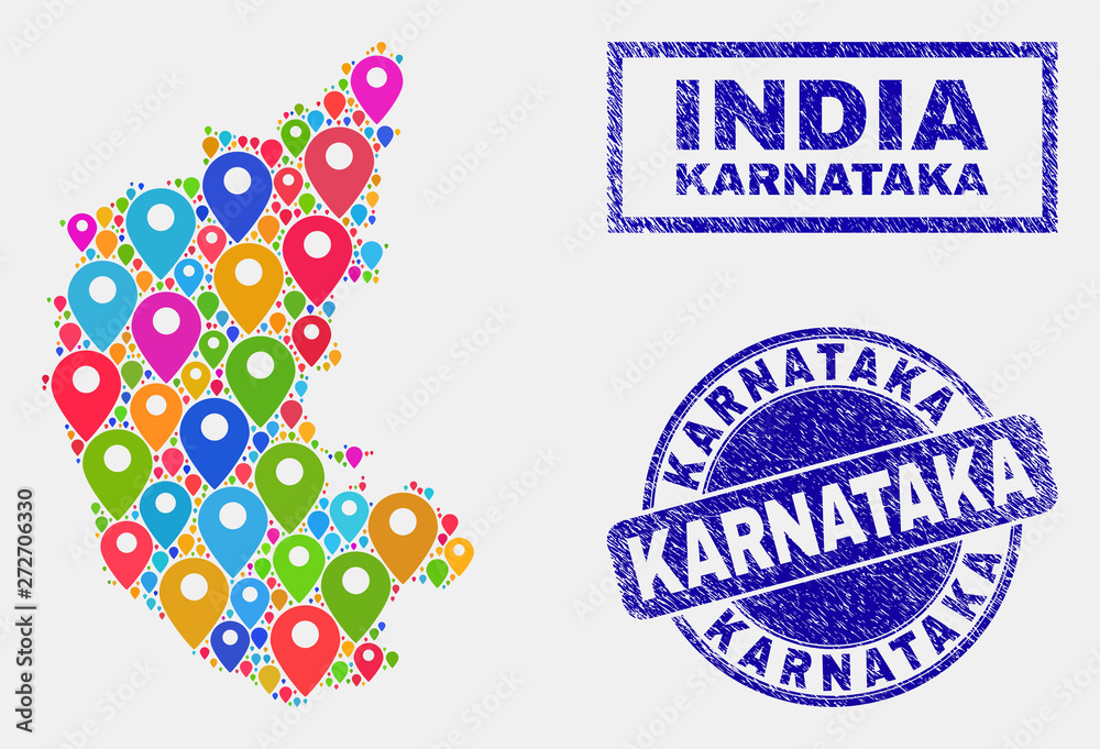 Vector bright mosaic Karnataka State map and grunge watermarks ...