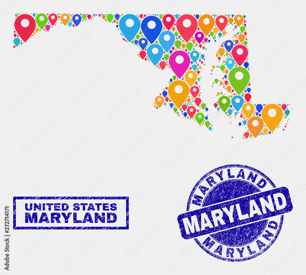 Vector bright mosaic Maryland State map and grunge seals. Abstract ...