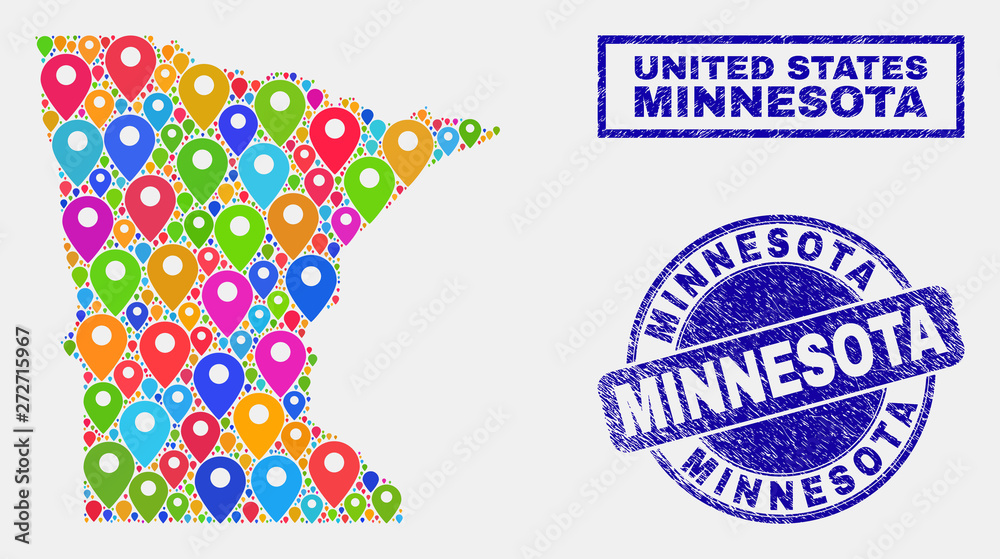 Vector colorful mosaic Minnesota State map and grunge stamp seals ...