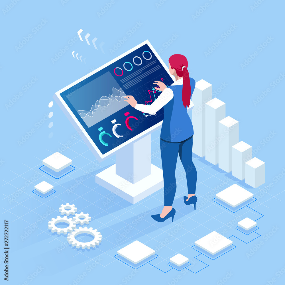 Isometric digital monitor with infographics. Female standing at the big ...