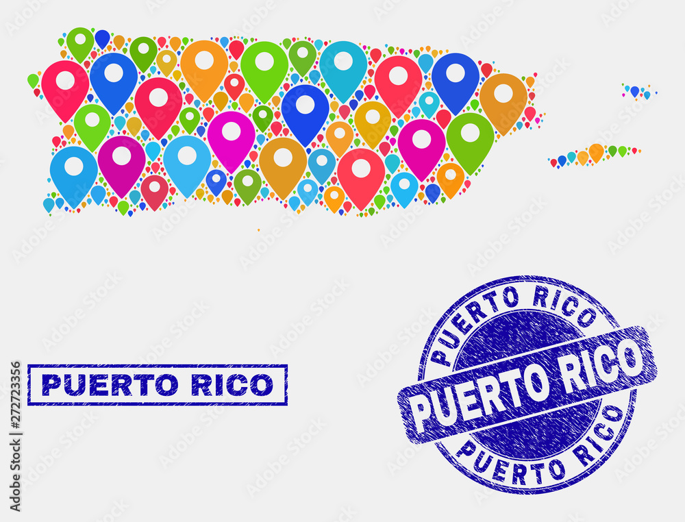 Vector bright mosaic Puerto Rico map and grunge watermarks. Abstract ...