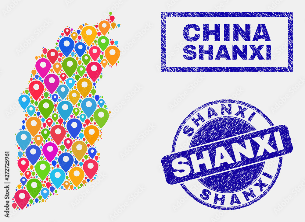 Vector bright mosaic Shanxi Province map and grunge seals. Flat Shanxi ...