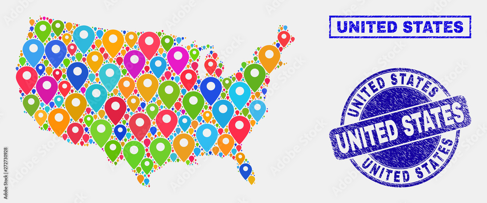 Vector bright mosaic United States map and grunge watermarks. Abstract ...