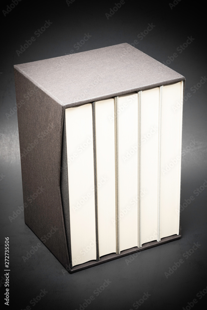 A set of five monochromatic cloth-bound books stored inside a black ...