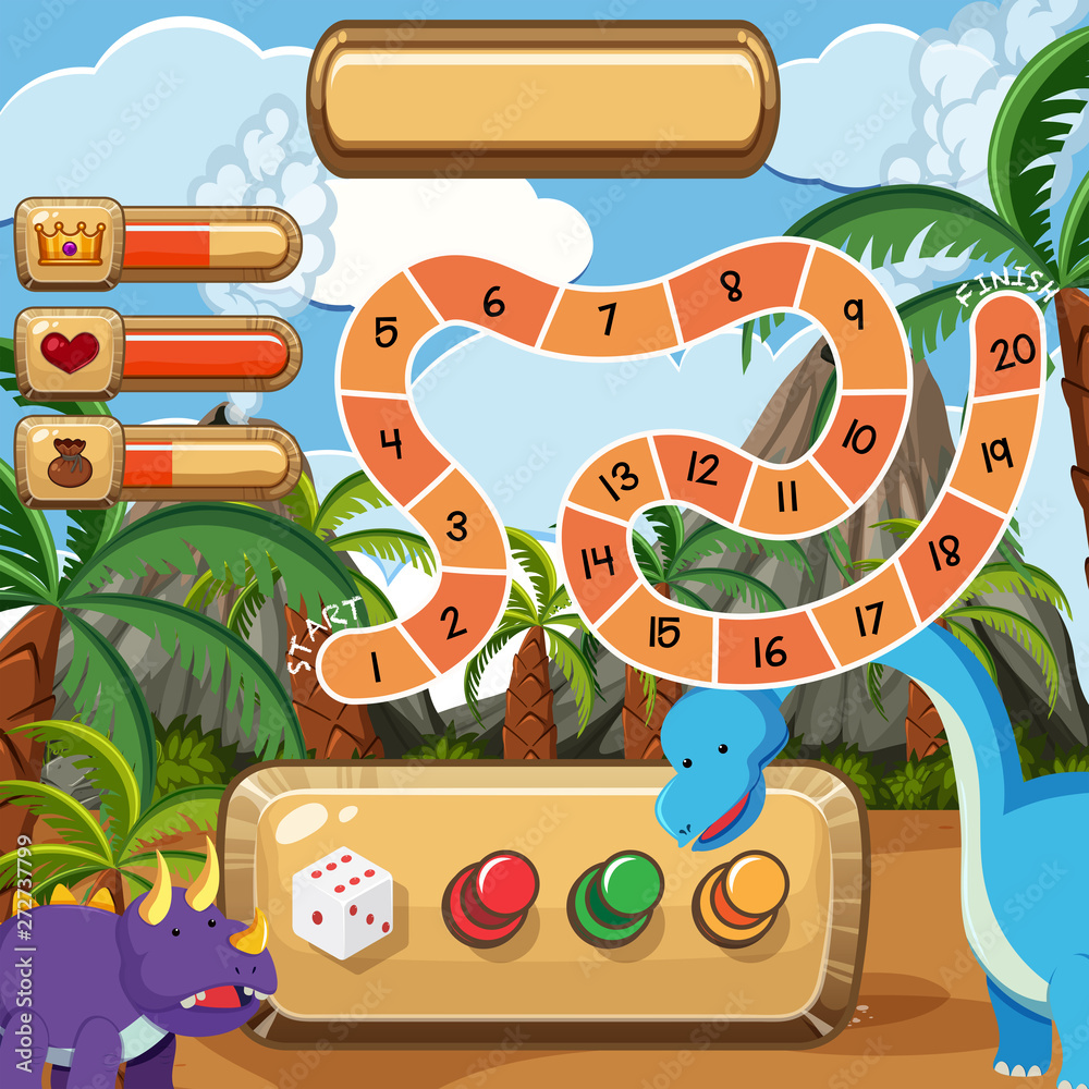 Dinosaurs on boardgame template Stock Vector | Adobe Stock