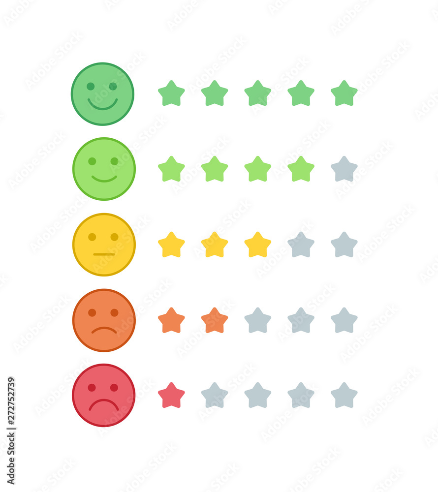 Vector icon set of the colorful emoji with star shaped progress bar ...