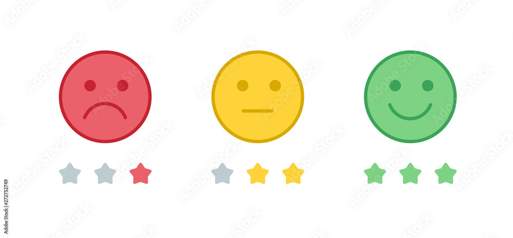 Vector icon set of the colorful emoji with star shaped progress bar ...
