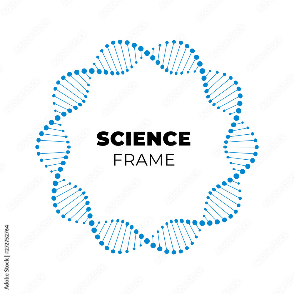 Vector science dna flat banner template. Blue atom spiral frame around ...