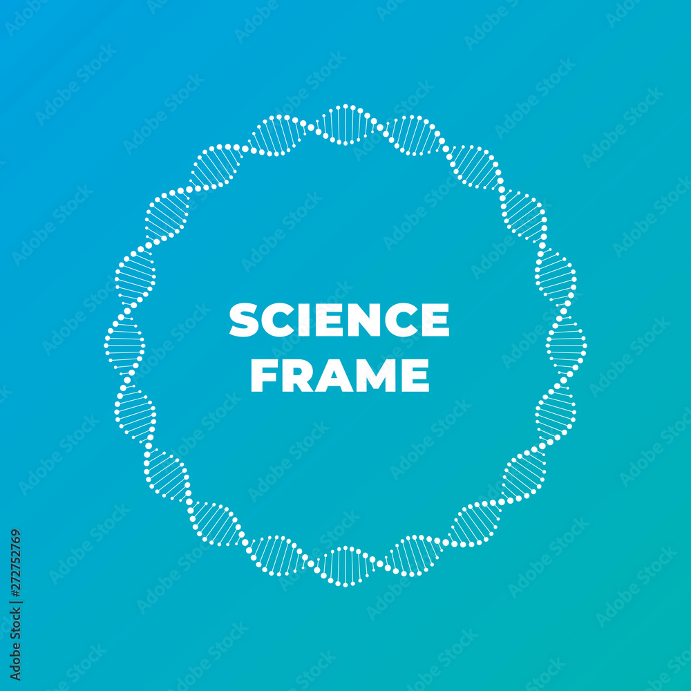 Vector science dna flat banner template. White atom spiral frame around ...