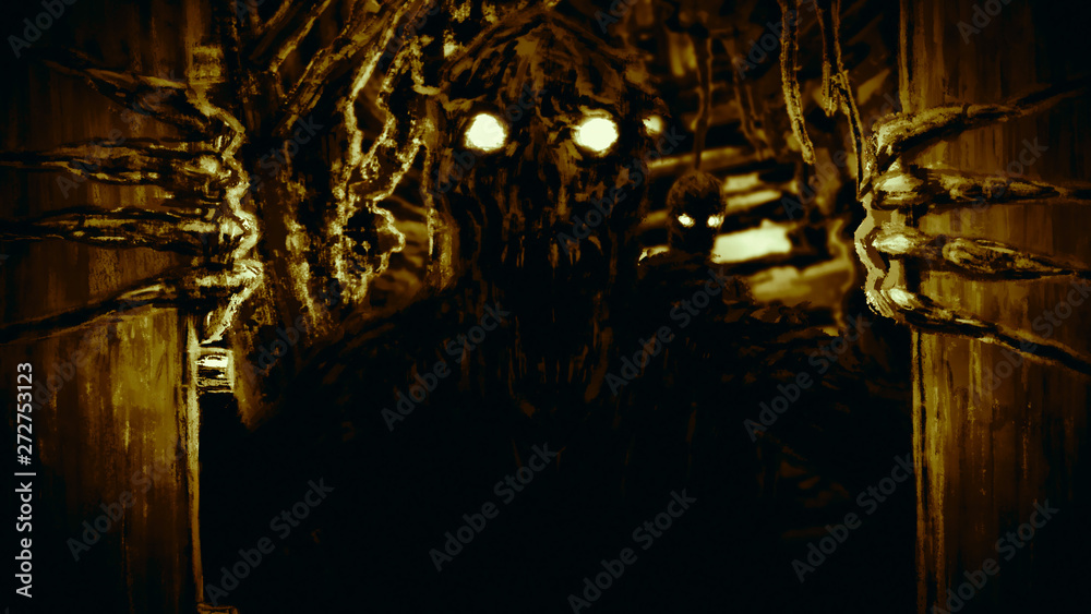 Creepy monster with evil eyes opens shelter doors and yelling at camera ...