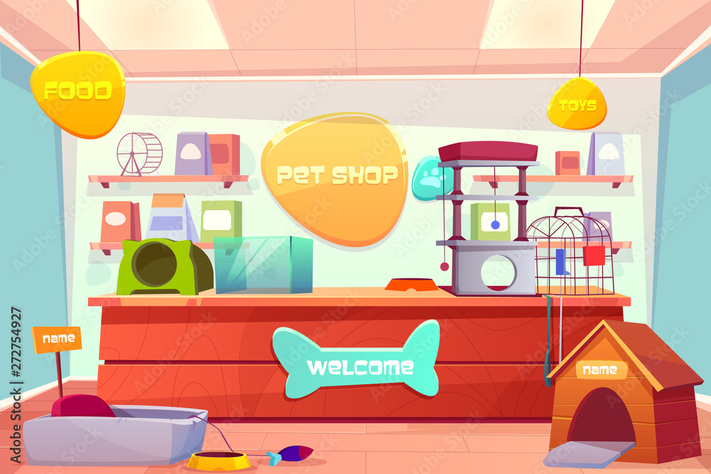 Pet shop interior, domestic animal store with counter desk, accessories ...