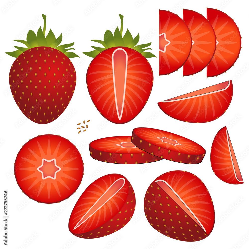 Strawberry vector illustration set. Whole, sliced and halved Strawberry ...