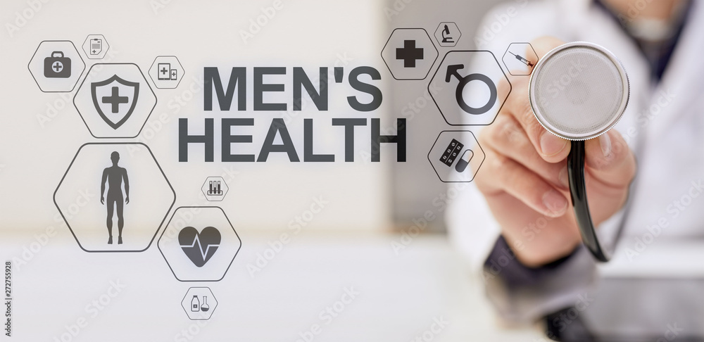 Mens Health banner, medical and health care concept on screen. Doctor ...