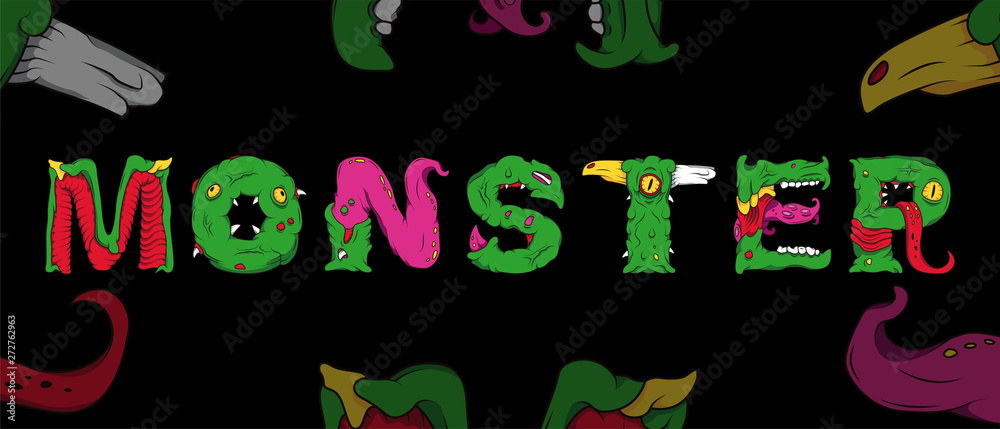 Monster word on black background with tentacles, tongues, claws and ...