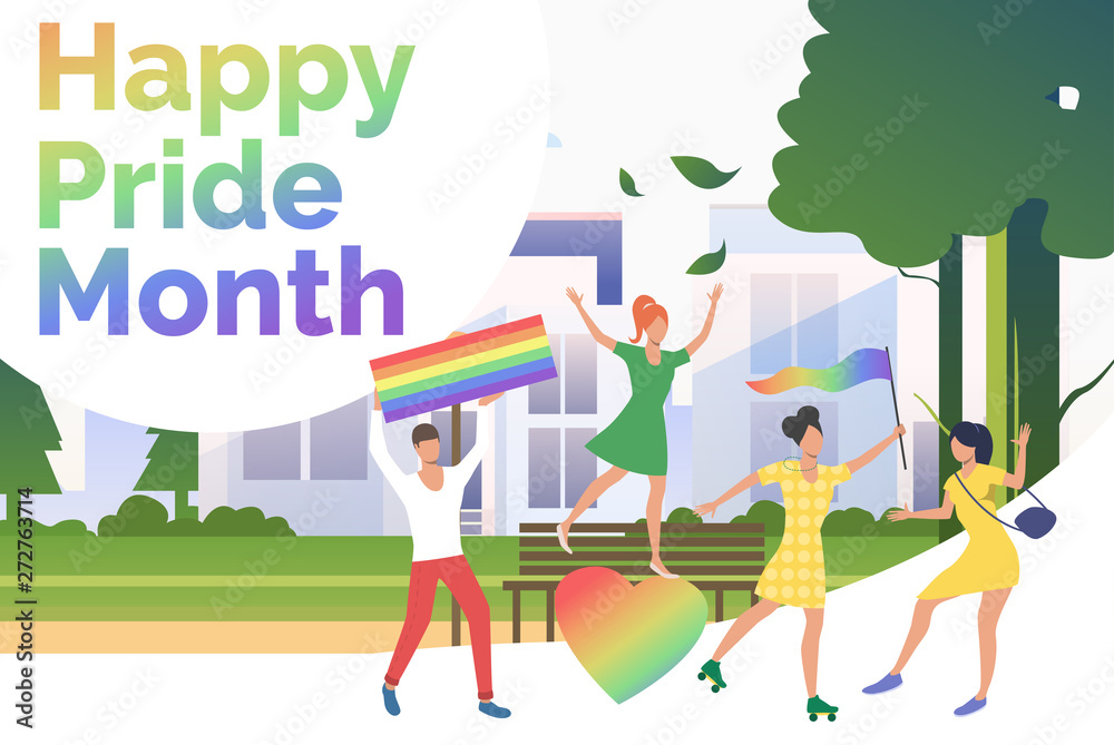 People holding lgbt flags in happy pride parade. Diversity ...