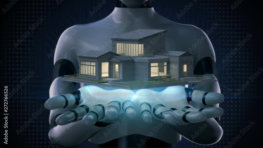Robot, cyborg opens two palms, IoT smart home appliances. internet of ...